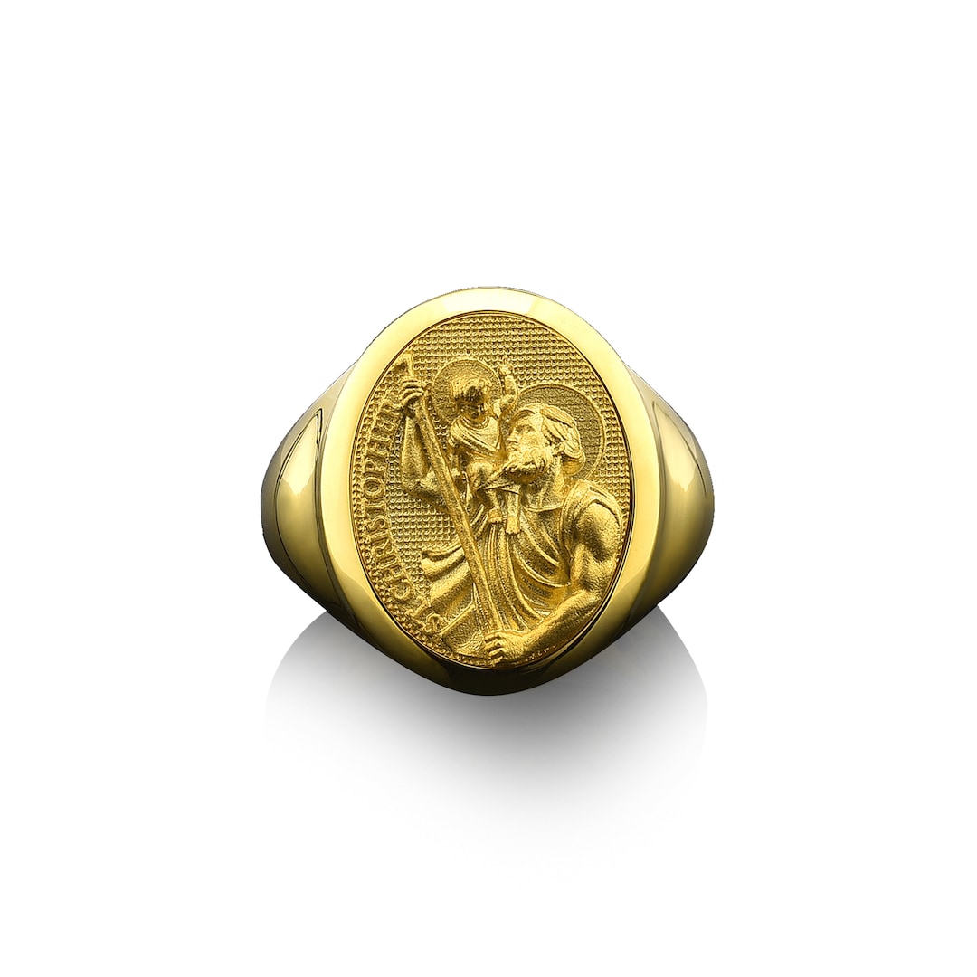 14K Gold Saint Christopher Signet Man Ring, Catholic St Christopher 10K ...