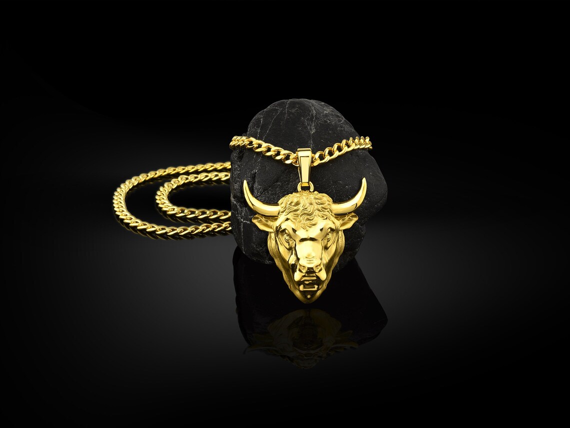 Solid Gold Bull Head Necklace 10K Gold 3D Bull Head Unisex | Etsy