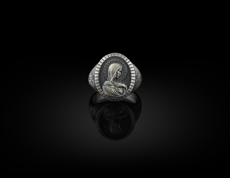 Virgin Mary With Sacred Heart Ring for Mens Silver in Sterling - Etsy