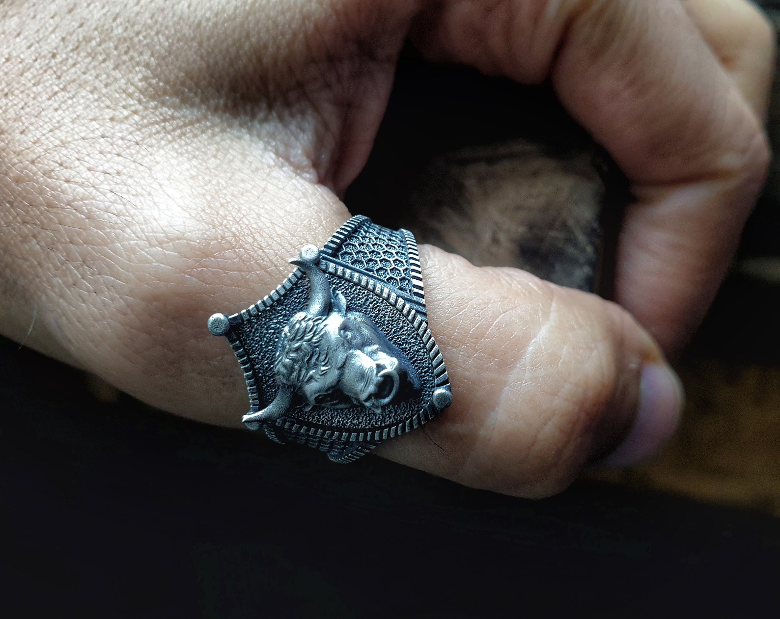 Bull Head Mens Ring Silver Bull Ring Silver Shield Mens | Etsy