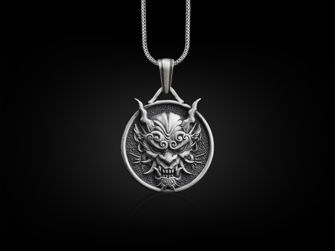 Silver Oni Mask Necklace for Men, Japanese Demon Inspired Necklace ...