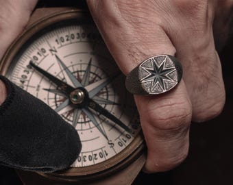 Compass Handmade Silver Men Signet Ring, Traveler Silver Engraved Ring ...