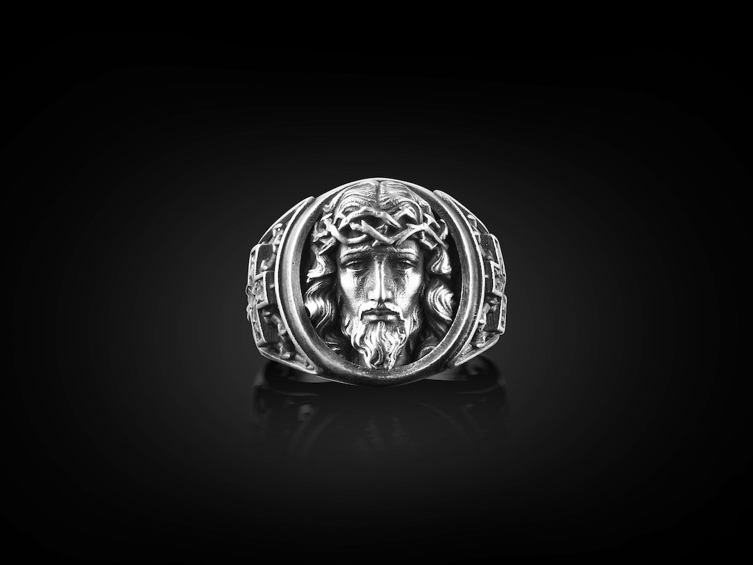 Jesus With Crown of Thorns Ring, Jesus With Cross Engraved Signet Ring ...