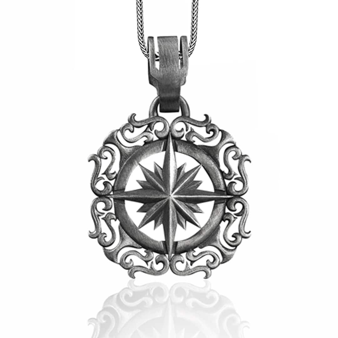 Mens Compass Necklace Silver Mens Necklace Small Compas - Etsy