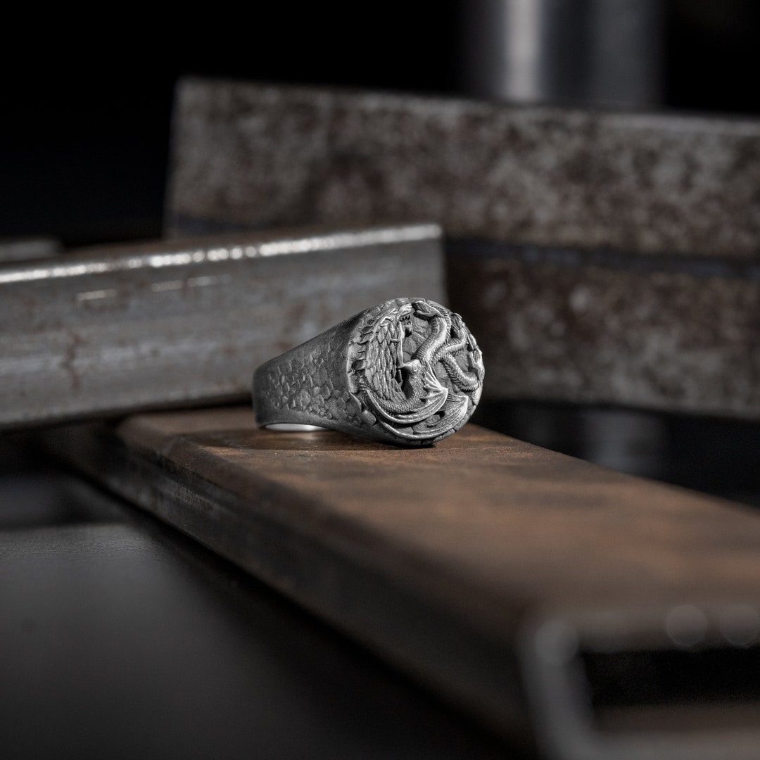 Silver Man Ring With Stark Targaryen Wolf Dragon GOT, Handmade Antique ...