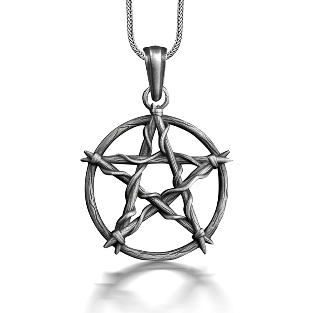 Pentagram Wiccan Necklace for Men in Silver, Oxidized Pentacle Necklace for Boyfriend, Satanic ...