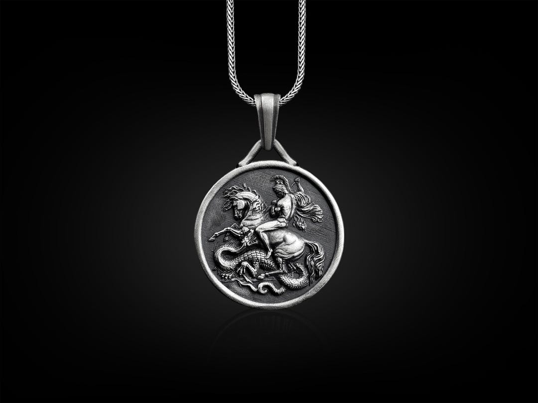 George of Lydda and Dragon Necklace, 925 Sterling Silver Saint George ...