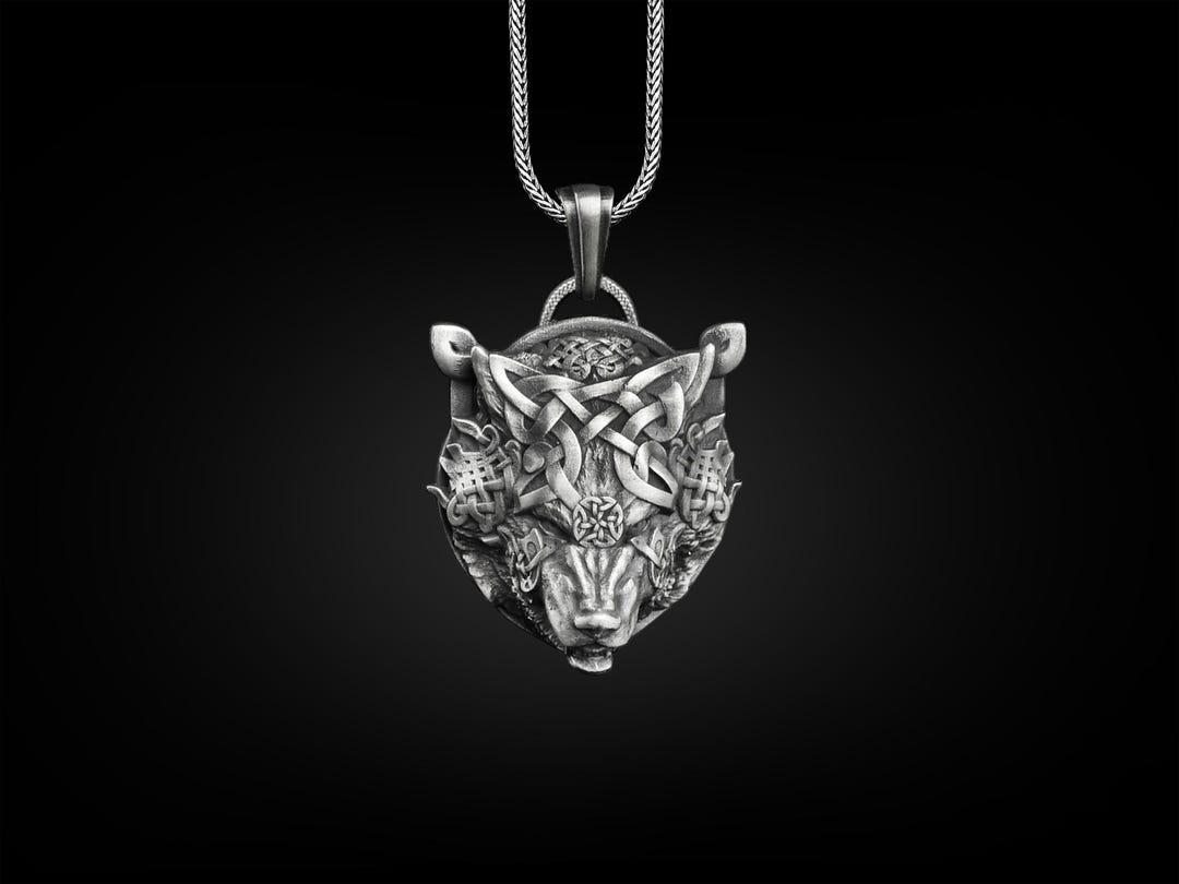 Fenrir With Viking Knot Mask Necklace in Silver, Norse Mythology Wolf ...