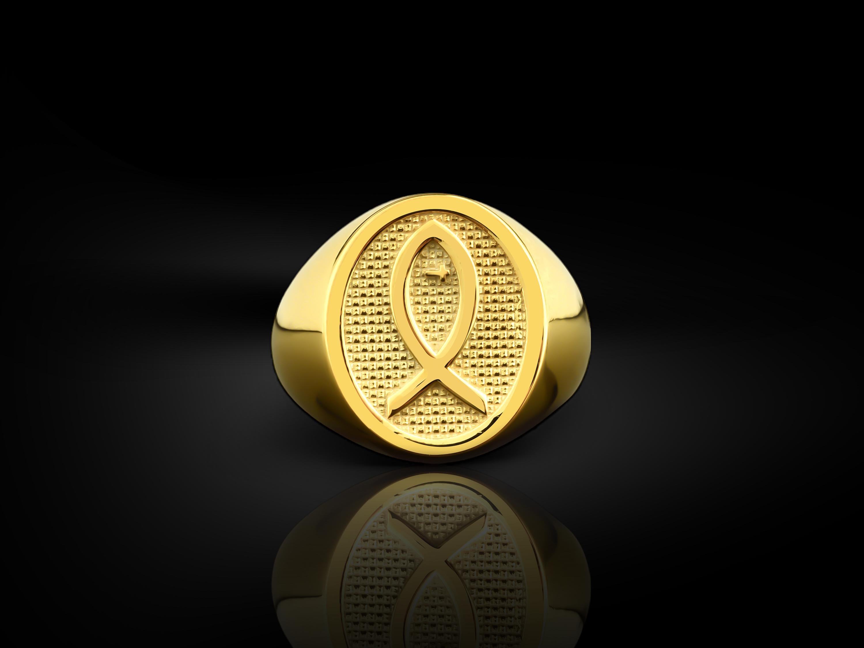 14k Jesus Gold Men Rings, Ichthus 14k Gold Mens Signet Ring for Dad ...