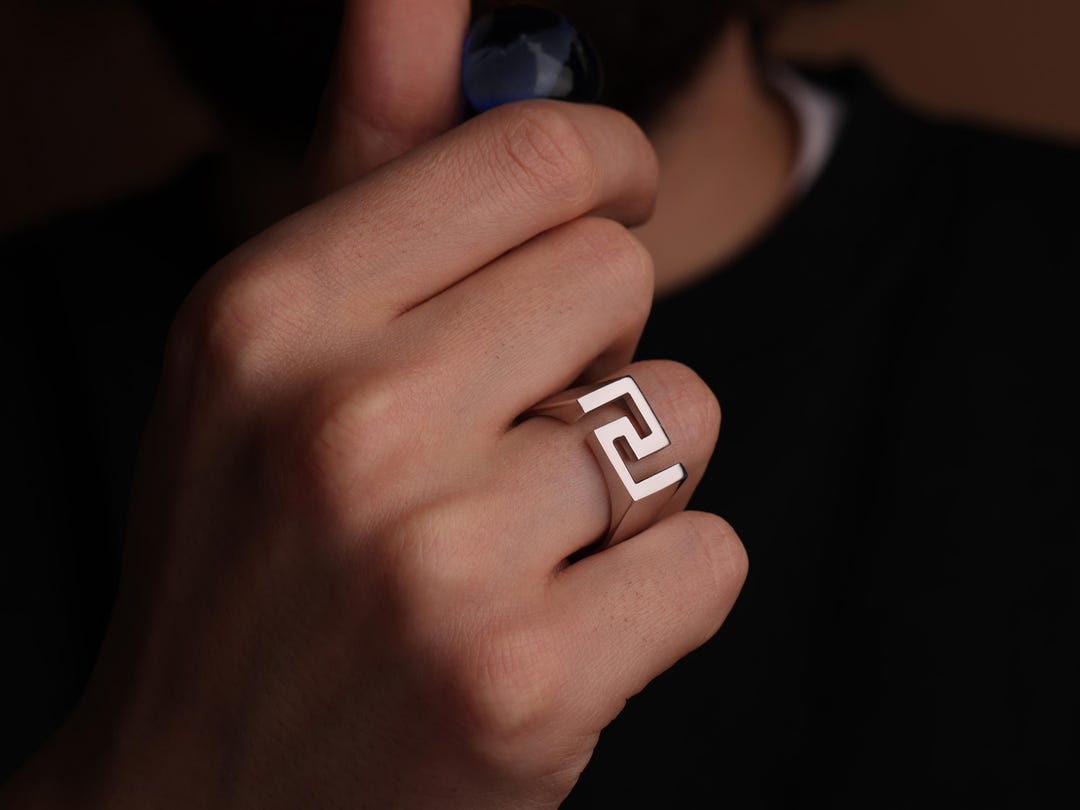 Greek Key Design Silver Ring for Men, Minimalist Open Band With Geometric Pattern Ring, Bold ...