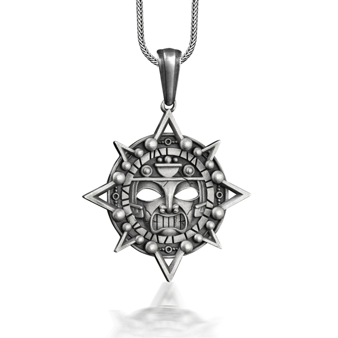 Aztec Sun Engraved Necklace in Sterling Silver, Mayan Necklace for Best ...