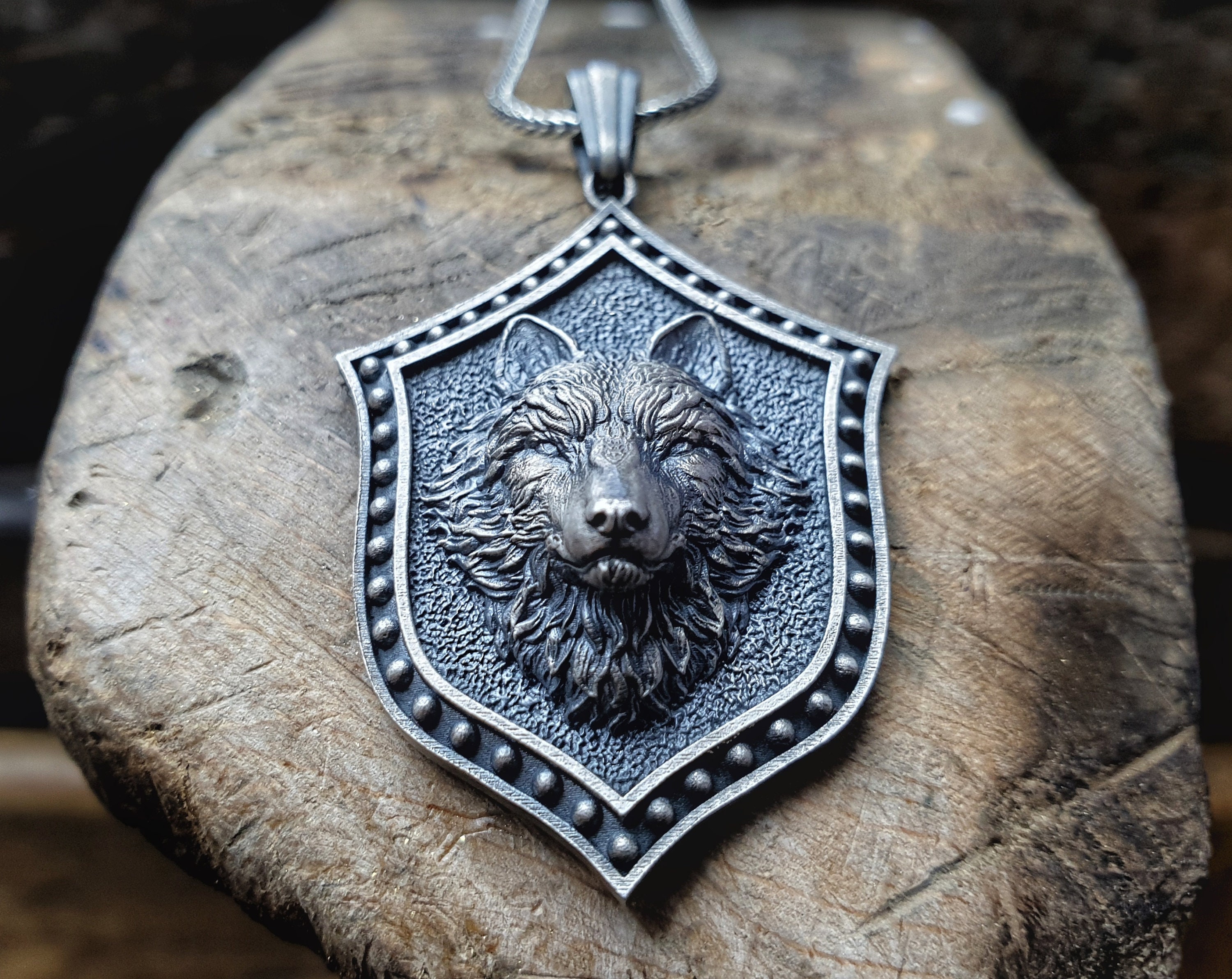 Mens Wolf Necklace Silver Wolf Head Necklace Mens Shield - Etsy