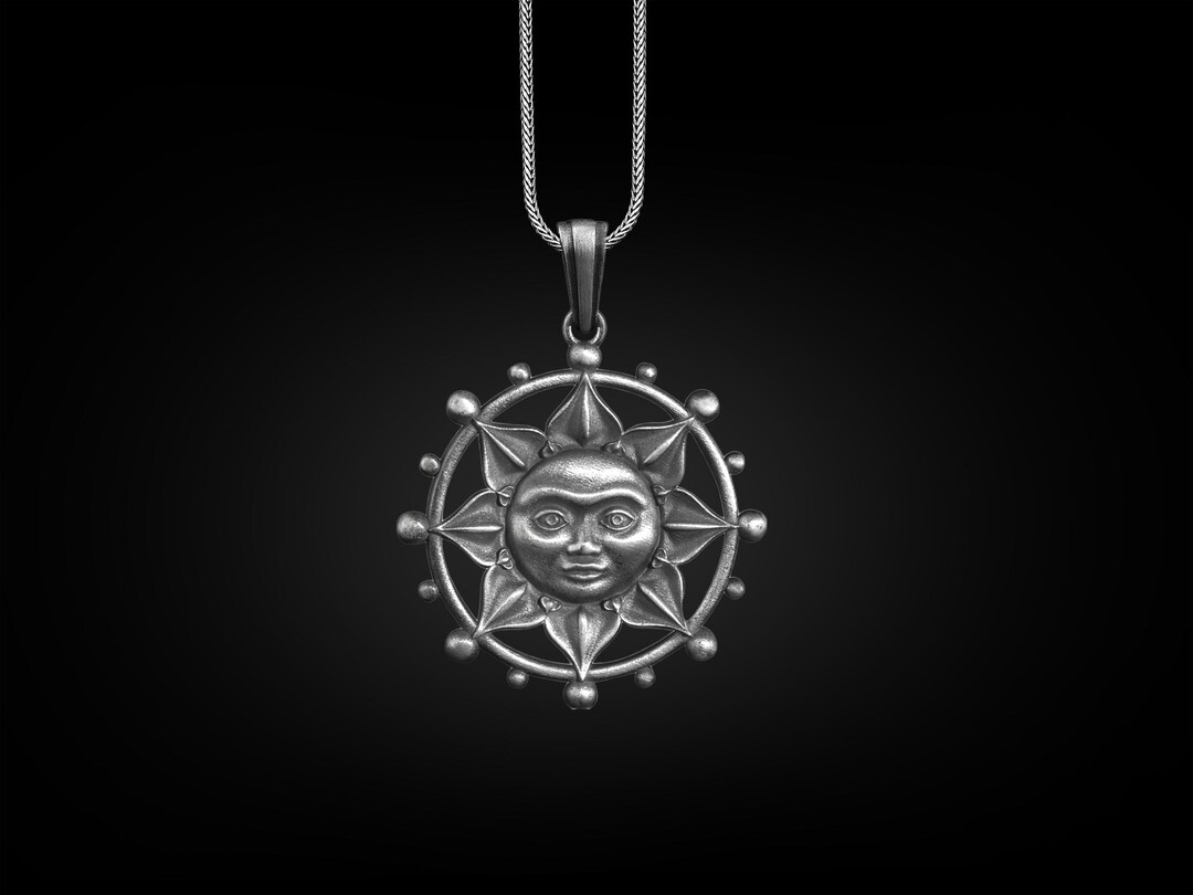 Sun Face Necklace in Sterling Silver, Unique Sun Charm Pendant, Sun ...
