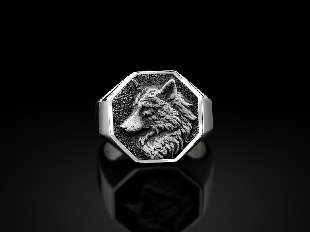 925 Silver Wild Wolf Signet Mens Ring, Handmade Alpha Wolf Man Ring ...