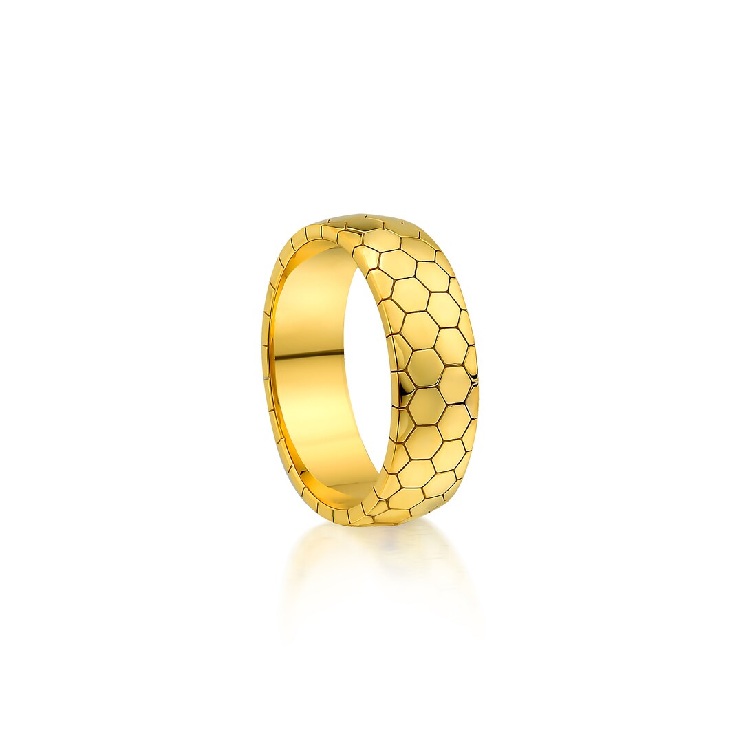 18K Solid Gold Honeycomb Mens Ring, Handmade Hexagonal Mens Wedding ...