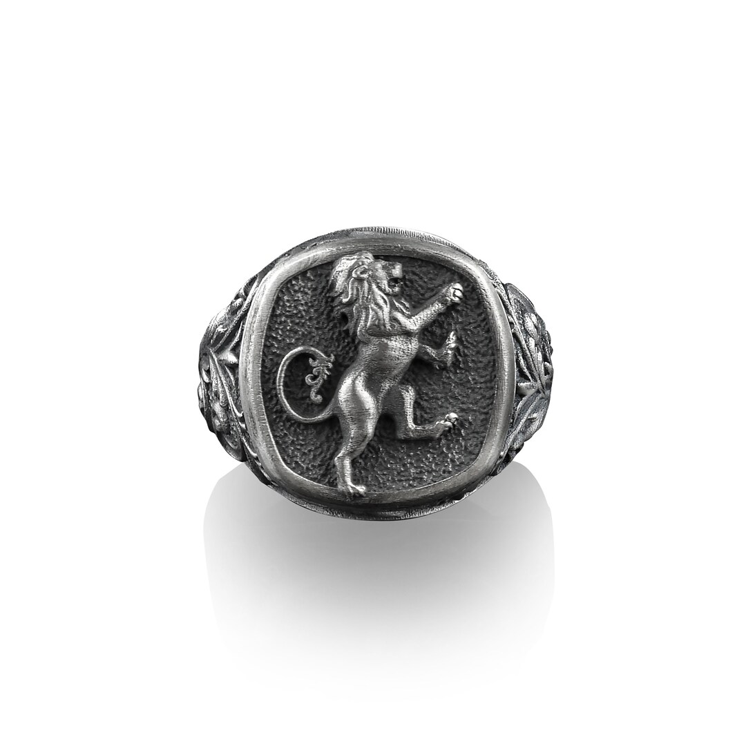 Lion Rampant Guardant, Square Signet Ring, Coat of Arms Ring, Sterling ...