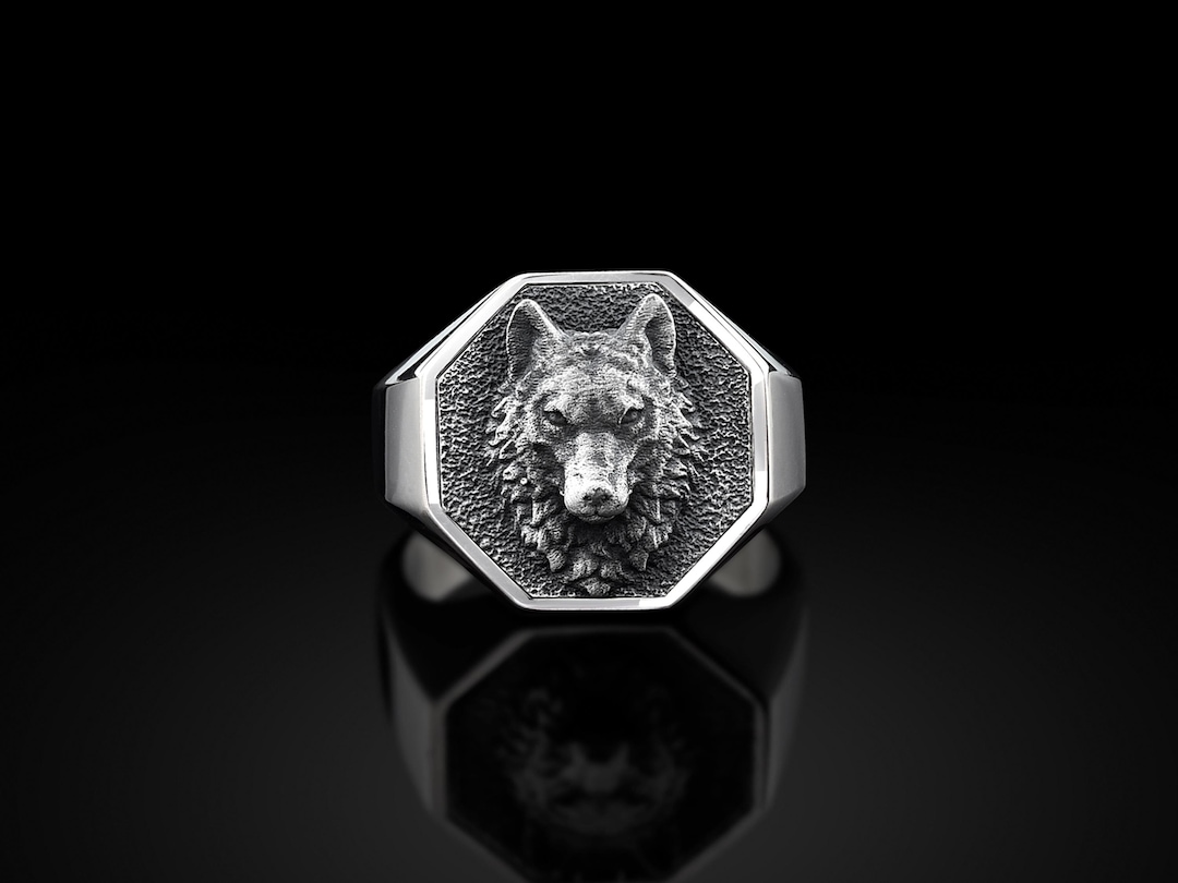 Handmade Silver Wolf Men Ring, Alpha Wolf Signet Man Ring, 925 Silver ...