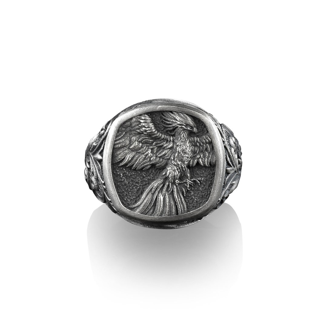Winged Phoenix Square Signet Ring for Men in Sterling Silver, Phoenix ...