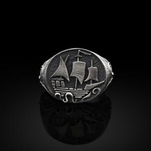 Octopus With Pirate Ship Signet Men Ring in Silver, Sailor Pinky Ring ...