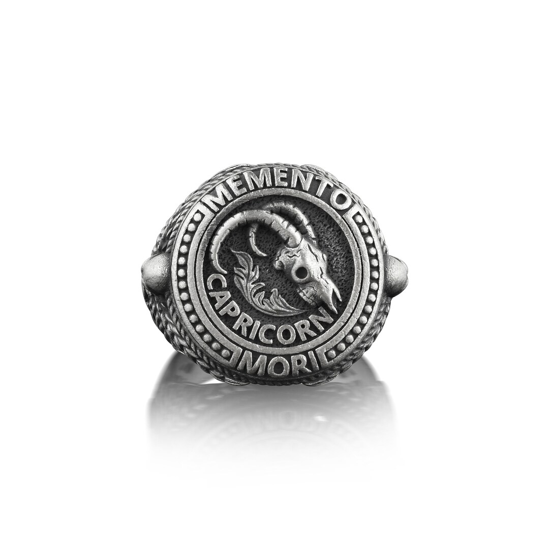 Capricorn Gothic Biker Ring for Men, Memento Mori Zodiac Signet Ring in ...