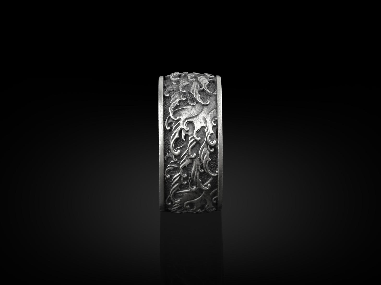 Carp and Waves 925 Silver Wedding Ring, Sterling Silver Nature Ring ...