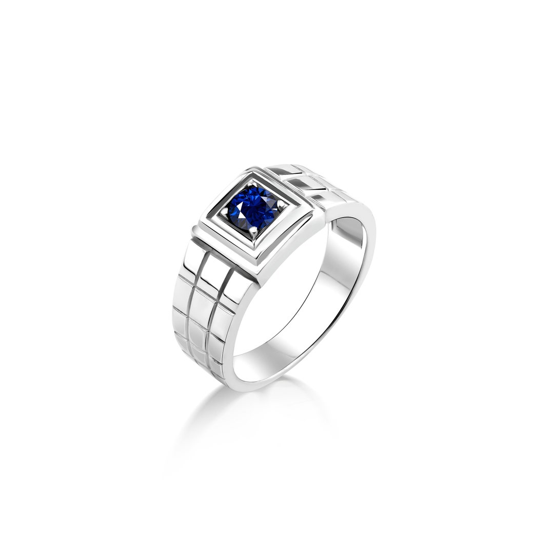 Blue Sapphire Stone Mens Solitaire Silver Ring for Men, Sterling Silver ...