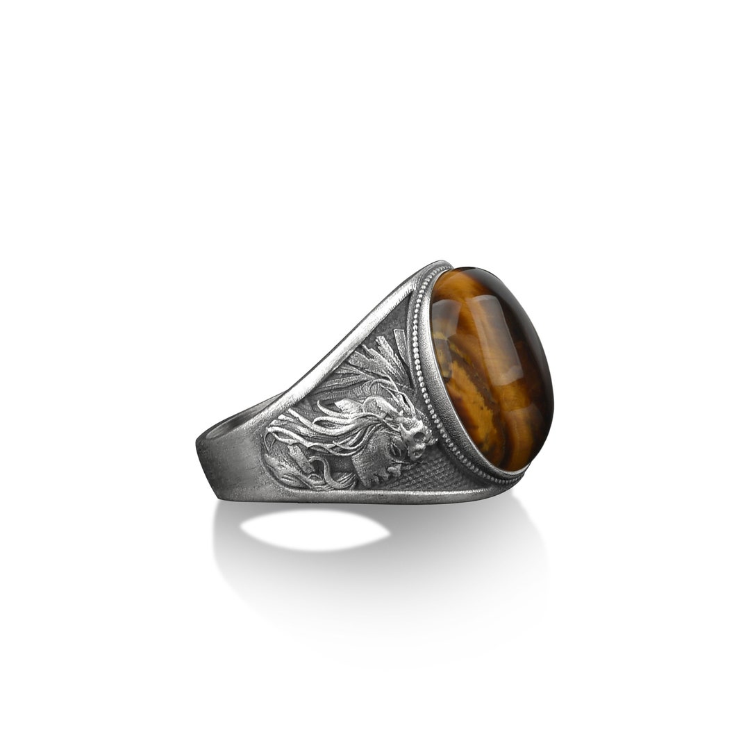 Native American Gemstone Men Ring, Oval Cut Tiger's Eye Gemstone Ring ...