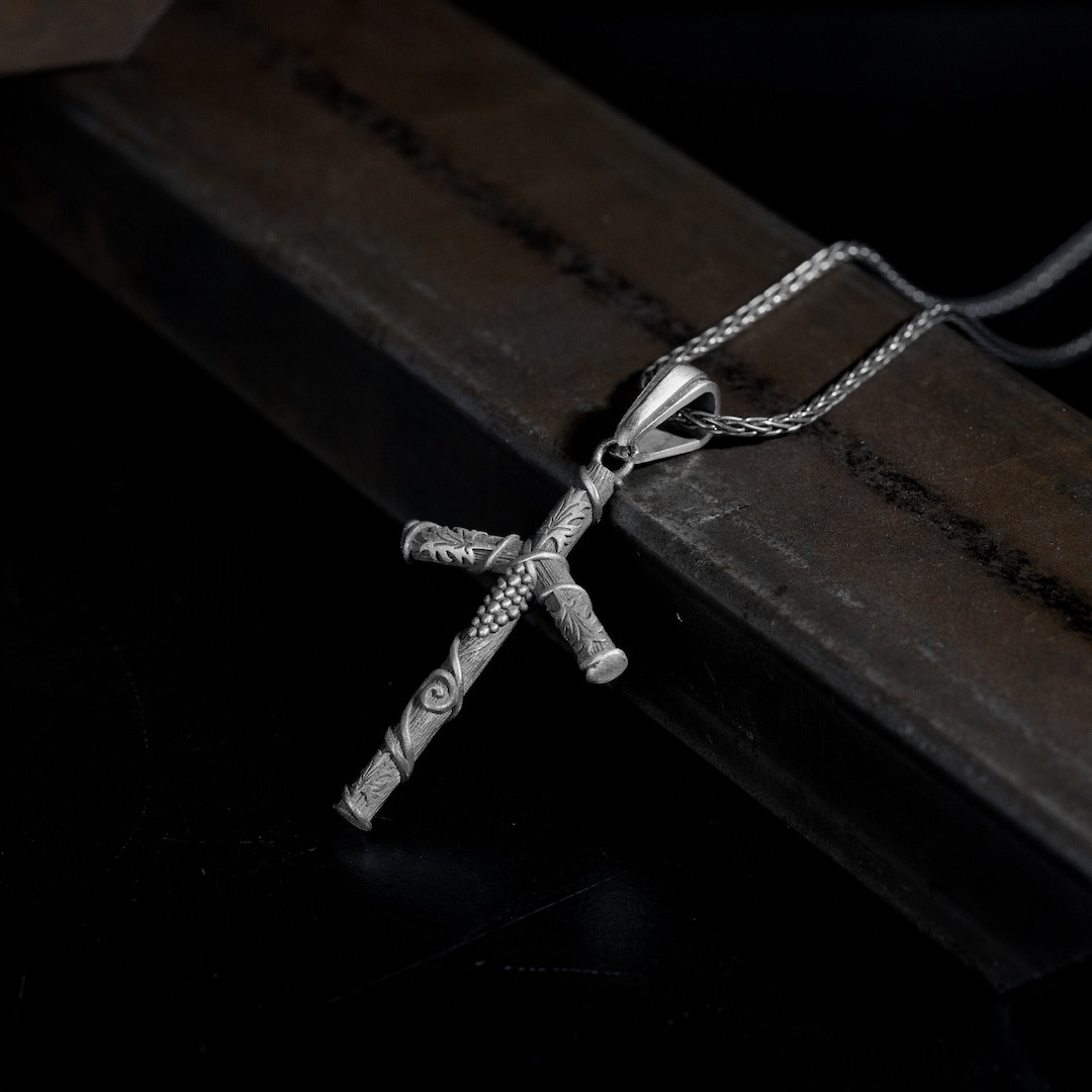 Saint Nino's Cross Charm Silver Men Necklace, Grape Cross Pendant ...