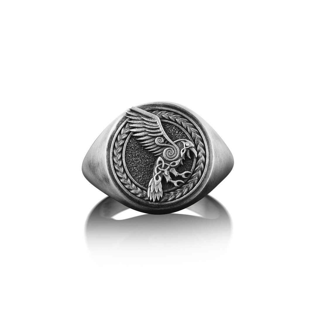 Viking Raven Bird of Prophecy Ring, Engraved Pinky Signet Ring in ...