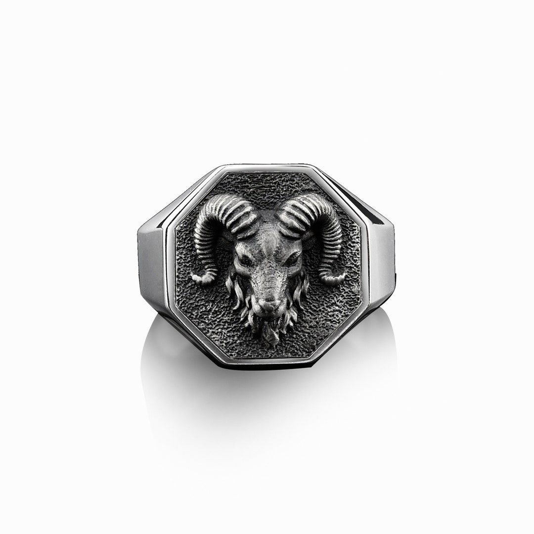 Zodiac Aries Ram Signet Ring for Men, Ram Head Silver Men Ring ...