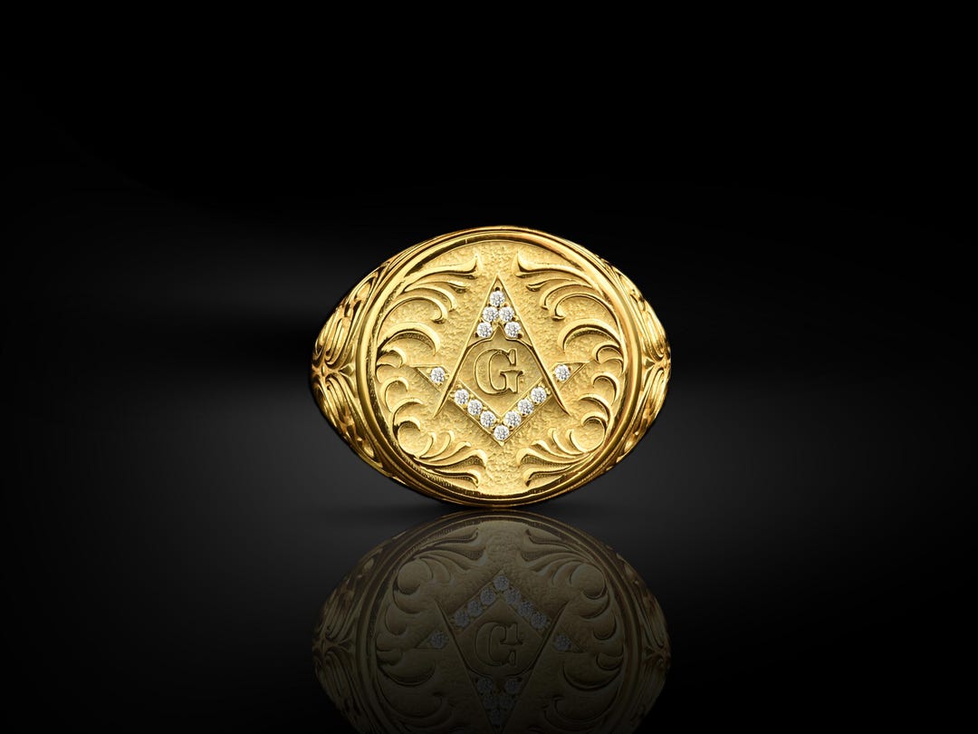 18K Masonic Signet Men Ring, 14k Gold Master Mason Signet Ring for Men ...