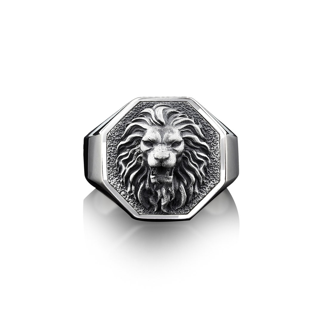 Lion Men's Ring, Handmade Sterling Silver Lion Signet Men Ring, Wild ...