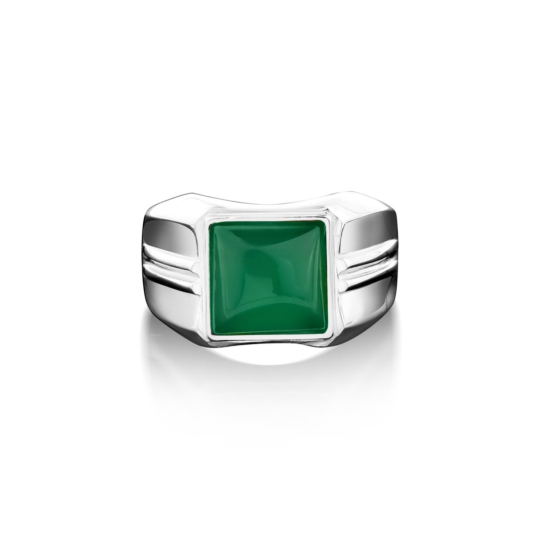 Big Green Agate Men Ring in 925 Sterling Silver, Wide Band Ring With ...