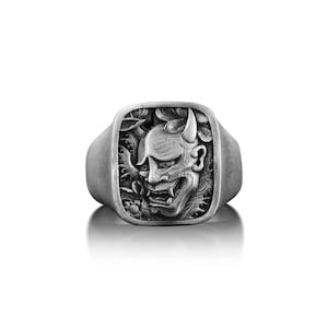 Oni Japanese Art Mens Ring in Silver, Demon Engraved Signet Ring for ...