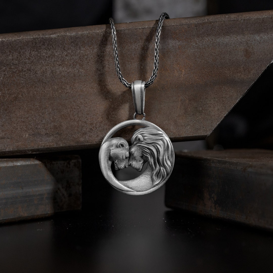Pendant Lion With Lioness Necklace for Men Sterling Silver, Leo Silver ...