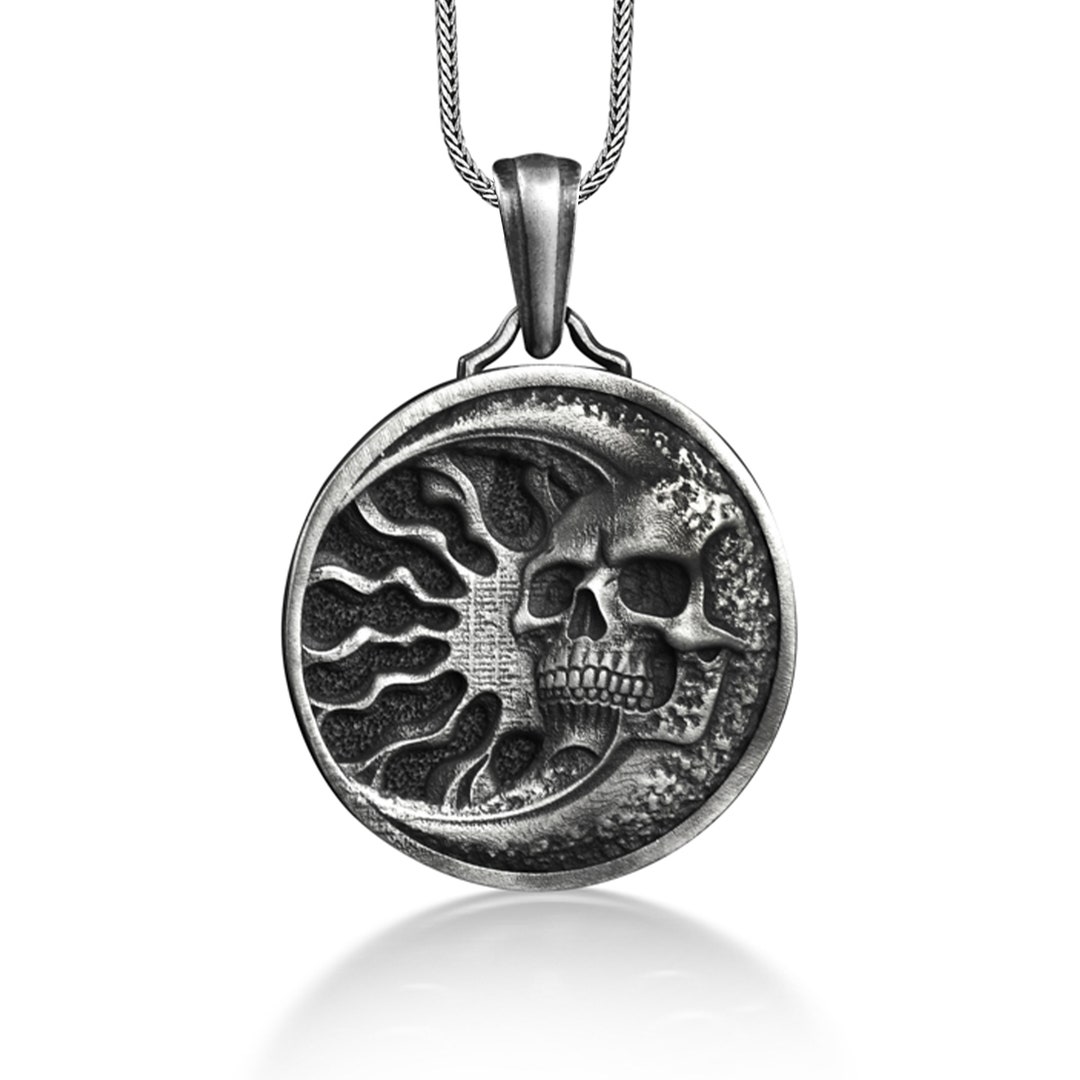 Skull in Crescent Moon and Sun Pendant, Skull Looking Sun From Moon Textured Necklace, Celestial ...