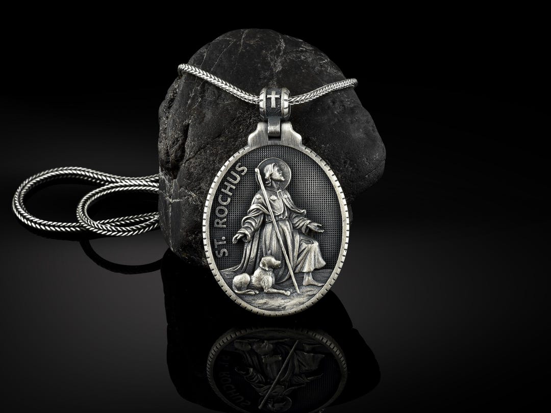 Silver Saint Roch Patron Men Necklace, St Roch Against Plague Medallion ...
