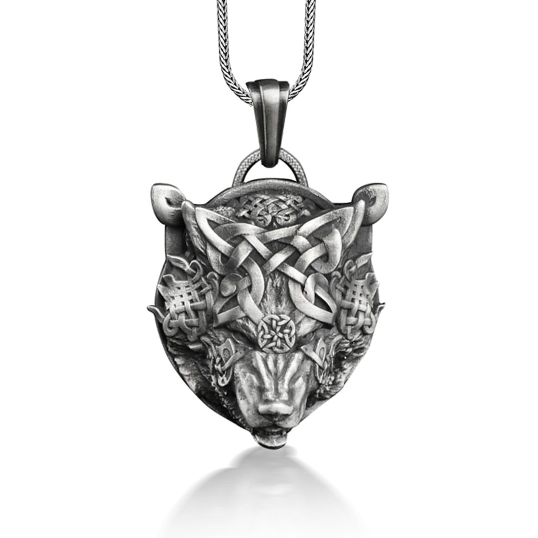 Fenrir With Viking Knot Mask Necklace in Silver, Norse Mythology Wolf ...
