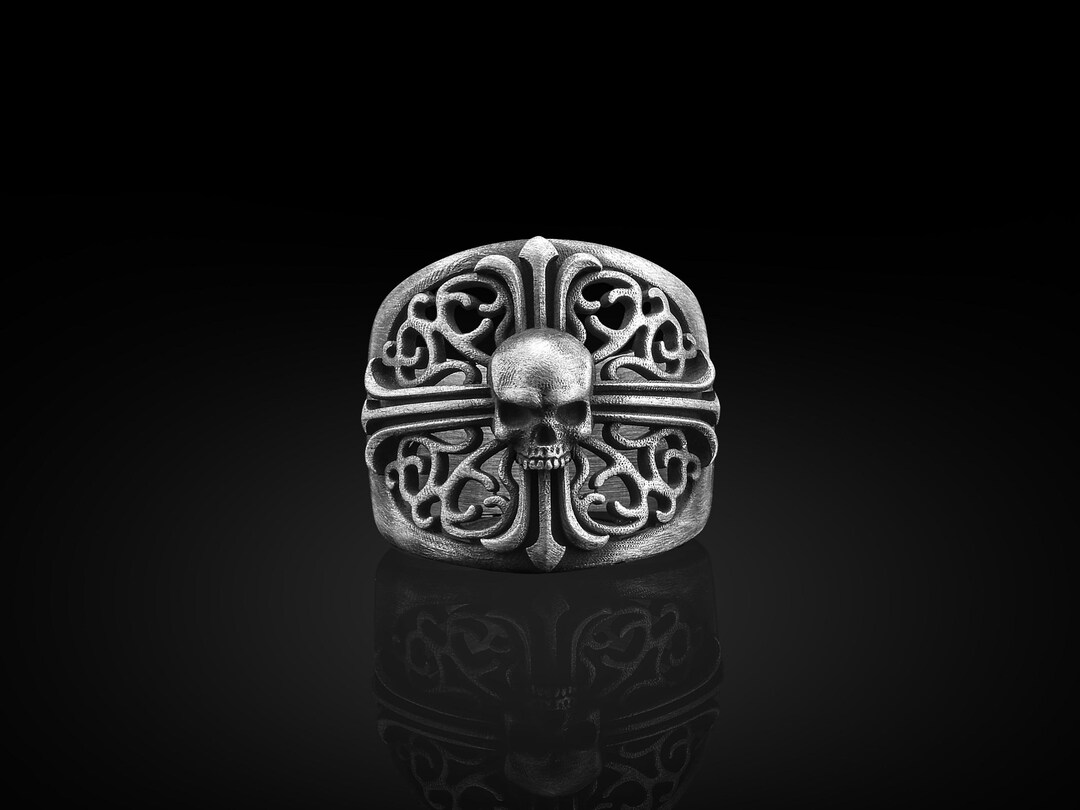 Skull on Cross Biker Signet Ring for Men in Silver, Skull Gothic ...