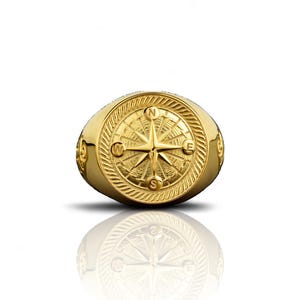 Northstar Compass 10k Gold Men Rings, Compass Signet Ring With Engraved ...