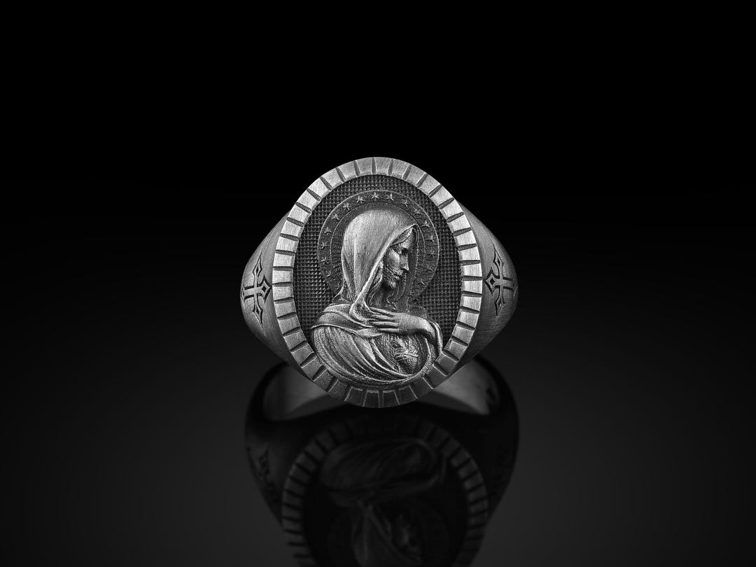 Virgin Mary With Sacred Heart Ring for Mens Silver in Sterling Silver ...