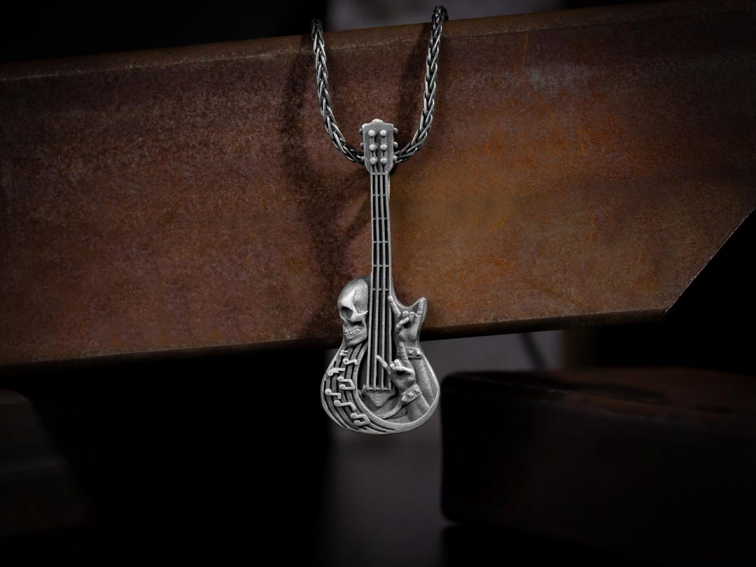 Guitar Necklace Guitarist in Silver for Men, Rock N Roll Guitar Men ...