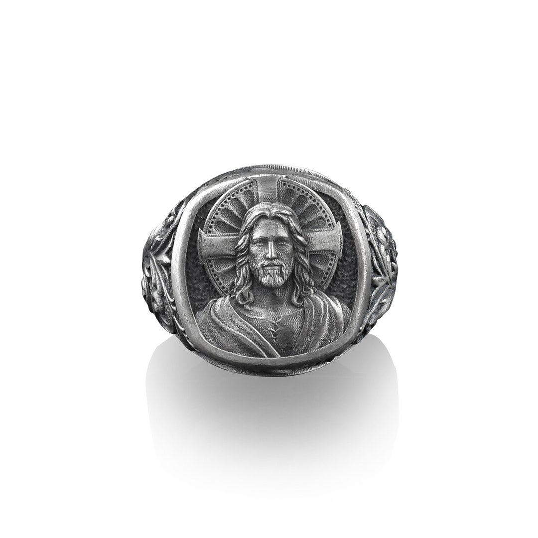 Savior Jesus Christ With Cross Sterling Silver Square Signet, Christian ...