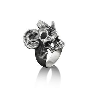 Demon Skull Ring in Sterling Silver, Ram Skull With Horns Unusual Ring for Boyfriend, Male Ring ...
