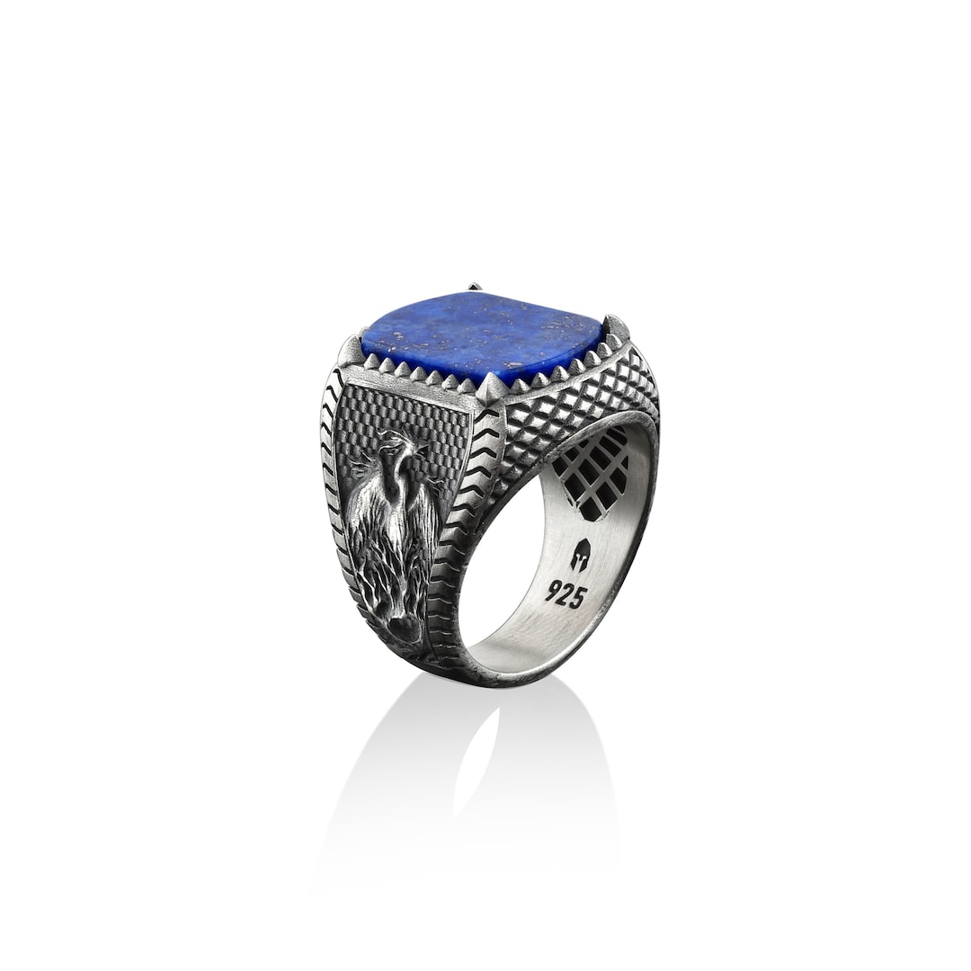 Phoenix Lapis Lazuli Signet Men's Silver Ring, Sterling Silver Gemstone ...