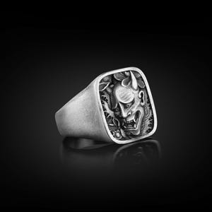 Oni Japanese Art Mens Ring in Silver, Demon Engraved Signet Ring for ...