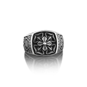Lotus Floral Cross Mens Ring in Silver, Victorian Style Floral Pinky ...