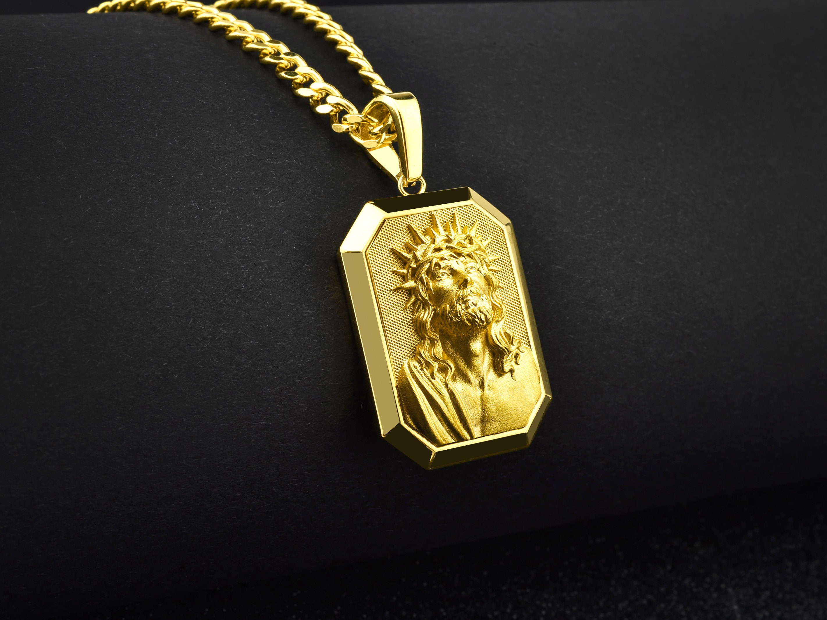 Gold Jesus Head Mens Necklace Religious 18K Gold Pendant 14K | Etsy