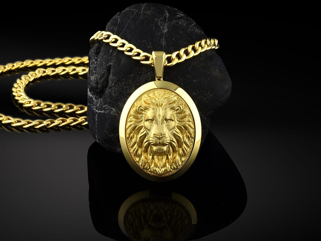 21k Gold Lion Pendant Necklace for Men, Detailed Lion Medallion Jewelry ...