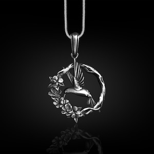 Hummingbird Necklace With Flower, Hummingbird on Branch Floral Necklace ...